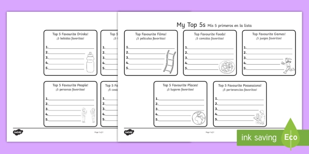 Top 5s Ranking Favourites Worksheet / Worksheet English/Spanish ...