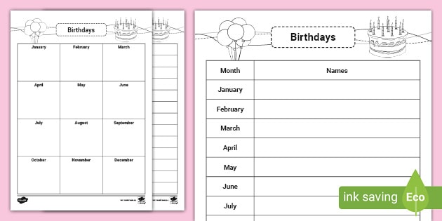 Birthday Calendar Sheets (teacher made)