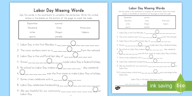 Labor Day Missing Words Activity | Printable | Twinkl