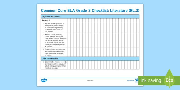 Common Core ELA Third Grade Standards Student Checklist