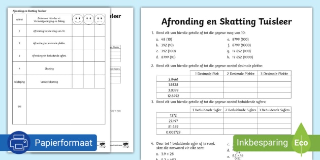 Afronding en Skatting Werkkaart (teacher made)