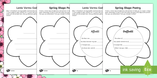 Spring Shape Poetry Differentiated Worksheets English/Afrikaans
