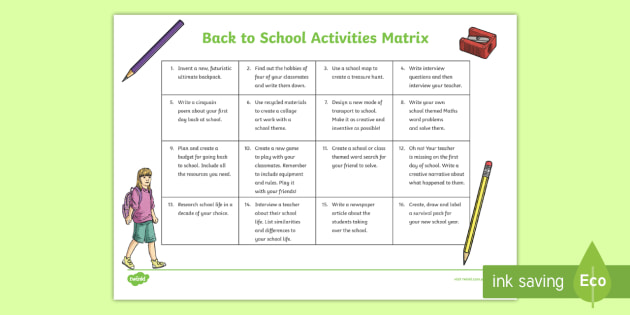Back To School Activity Matrix Sheet Primary Resources