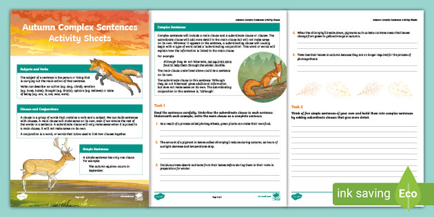 Complex Sentences Activity Sheets Autumn (teacher made)