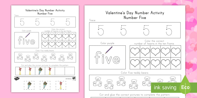 Math Valentine's Day Number Five Worksheet | K-2 Resources