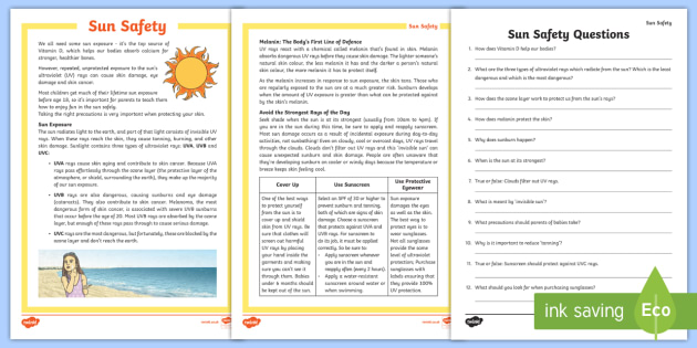 Sun Safety Reading Comprehension Activity - sun, safety, reading