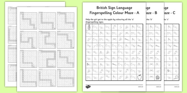 British Sign Language Left Hand Fingerspell Colour Maze Alphabet