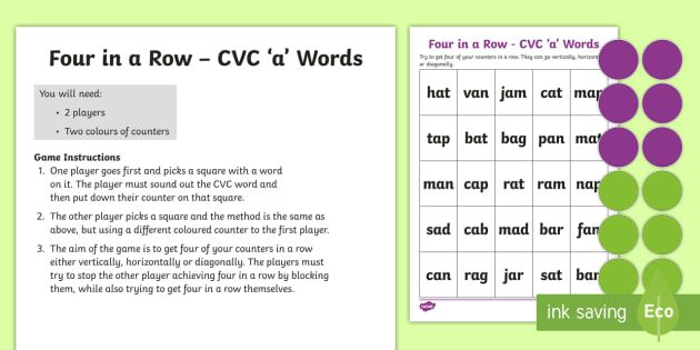 Four in a Row CVC 'a' Words Game