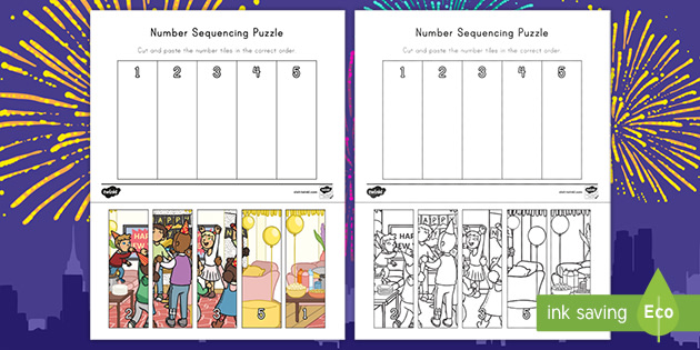 New Year's Eve 1-5 Number Sequencing Puzzle (teacher made)