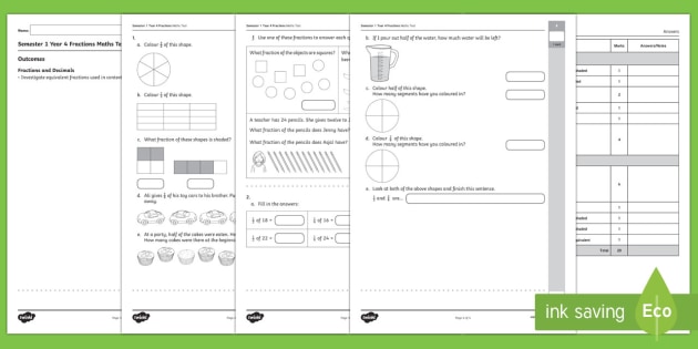 Semester 1 Year 4 Maths Fractions Test (teacher made)