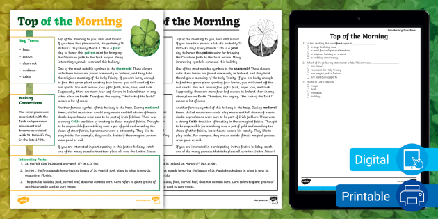 Sixth Grade St. Patrick's Day Fact File and Vocabulary Questions