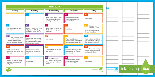 May Writing Prompts Display Calendar