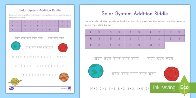 * NEW * Solar System Addition Riddle Worksheet - Order Of Planets, Space