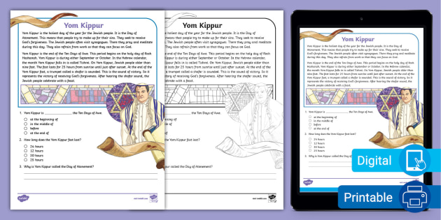 Yom Kippur Reading Passage Comprehension Activity
