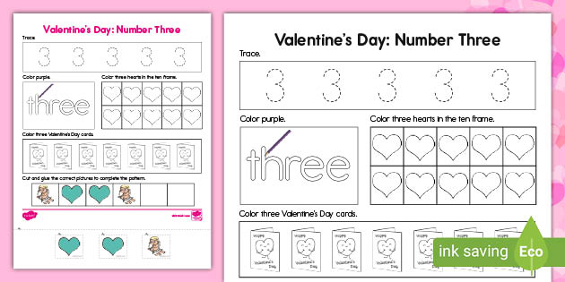 Valentine's Day Number Three Activity | Math | Pre-K