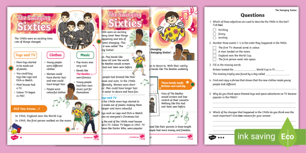 KS1 The Swinging Sixties Differentiated Reading Comprehension Activity