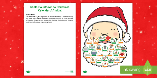 Santa Countdown to Christmas Calendar /r/ Initial Worksheet