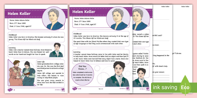 KS1 Helen Keller Differentiated Reading Comprehension Activity