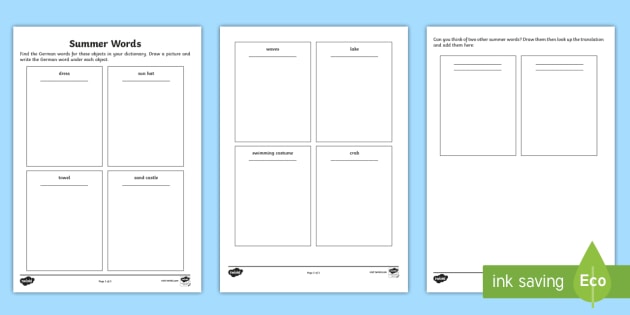 Summer Words Dictionary Activity - German (Teacher-Made)