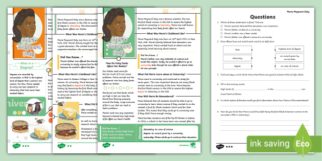 LKS2 Marie Maynard Daly Differentiated Reading Comprehension Activity