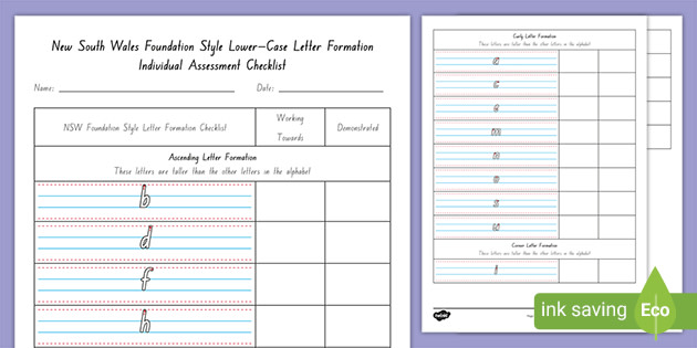 NSW Foundation Style Letter Formation Individual Assessment Checklist