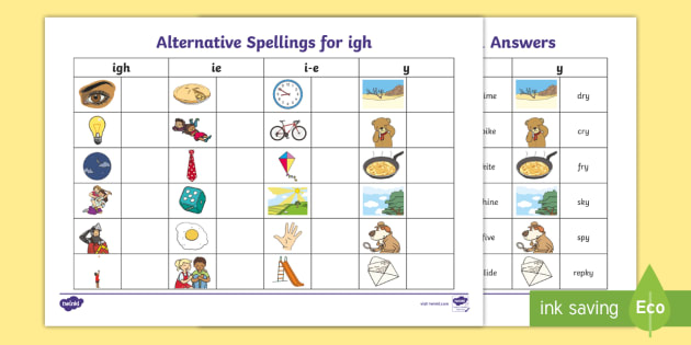 * NEW * Alternative Spellings igh ie i-e y Table Activity Sheet