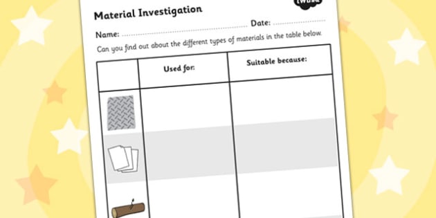 Material Investigation Worksheet (teacher made)