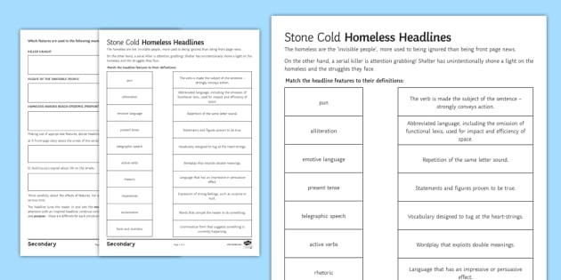 Homeless Headlines Worksheet / Worksheet to Support Teaching On 'Stone ...