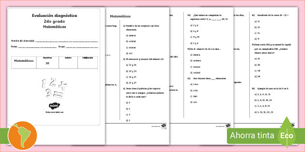 Examen diagnóstico: 2do grado - Matemáticas (teacher made)