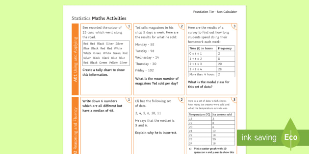 Foundation: Statistics (Non-Calculator) Revision Activity Mat - Using and