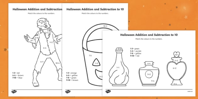 Halloween Themed Addition and Subtraction to 10 Colour by Number