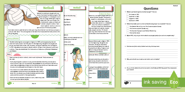 Netball for Kids Reading Comprehension - Teaching Resource