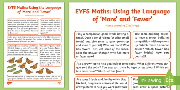 EYFS Maths: Uses the Language of ‘More’ and ‘Fewer’ Home Learning