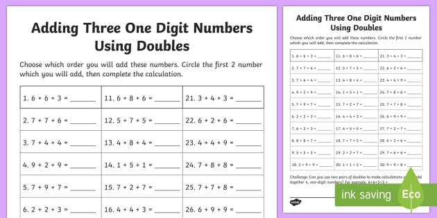 Adding Three One Digit Numbers (using doubles)