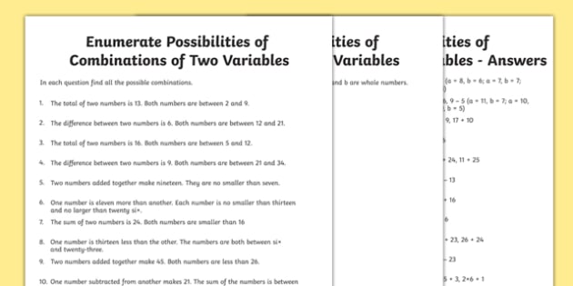 Year 6 Enumerate Possibilities Of Combinations Of Two Variables Worksheet