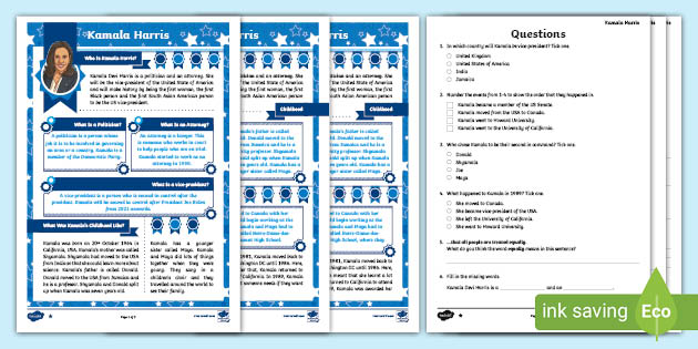 LKS2 Kamala Harris Differentiated Reading Comprehension Activity