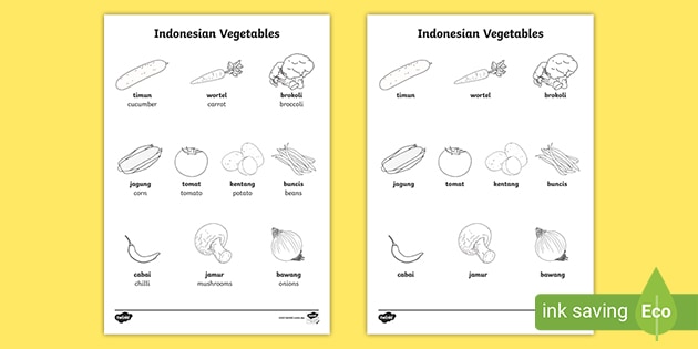 Vegetables Colouring Sheet Indonesian (teacher made)