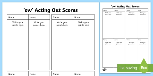 'ow' Sound Acting Out Score Cards (teacher made)