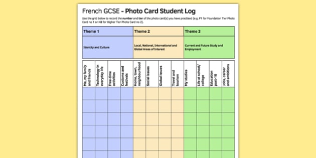 GCSE Photo Card Student Record Sheet French (teacher made)