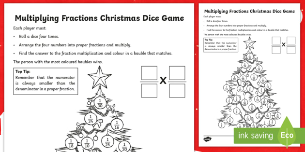Multiplying Fractions Christmas Dice Game