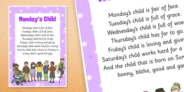 Monday's Child Nursery Rhyme Poster - EYFS songs - Twinkl