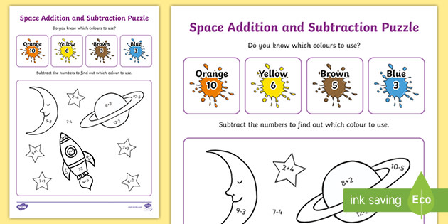 Space Addition and Subtraction Puzzle (0-10) (teacher made)