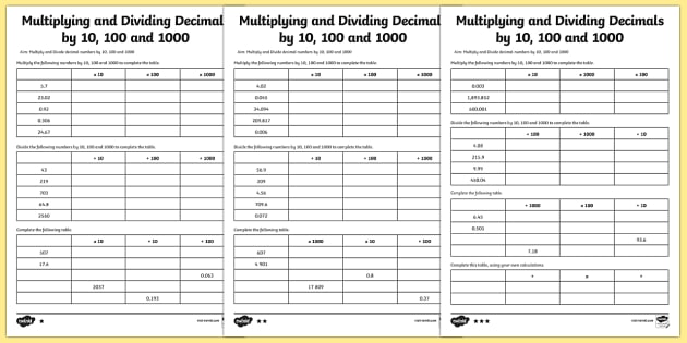 Multiplying And Dividing Decimals Worksheet 10 100 1000