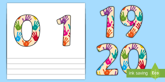 0 to 20 on Hand Print Themed Display Numbers - A4 Handprint Display Numbers