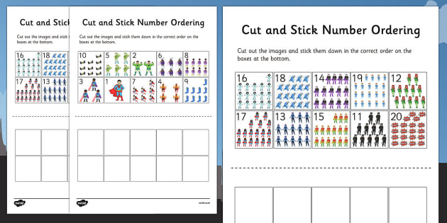 Superhero Themed Cut and Stick Number Ordering Sheets 1-20