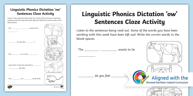 Linguistic Phonics Phase 2 'ow' Dictation Sentences Cloze