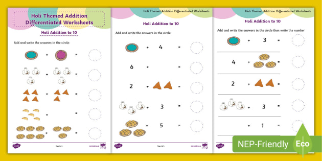 Holi Themed Addition With Pictures Differentiated Worksheets