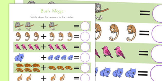 Bush Magic | Addition Worksheets for Kindergarten (1-10)