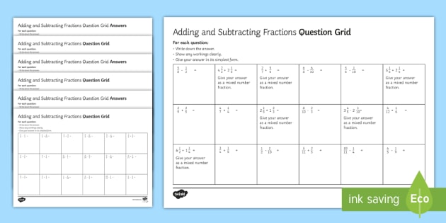 Adding and Subtracting Fractions Question Grids Differentiated
