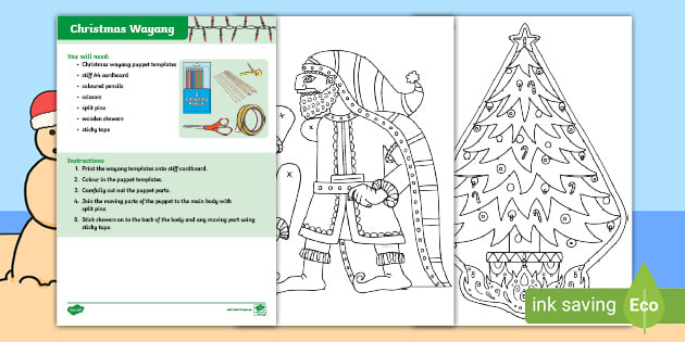 Indonesian Christmas Wayang Puppets Santa, Reindeer and Tree